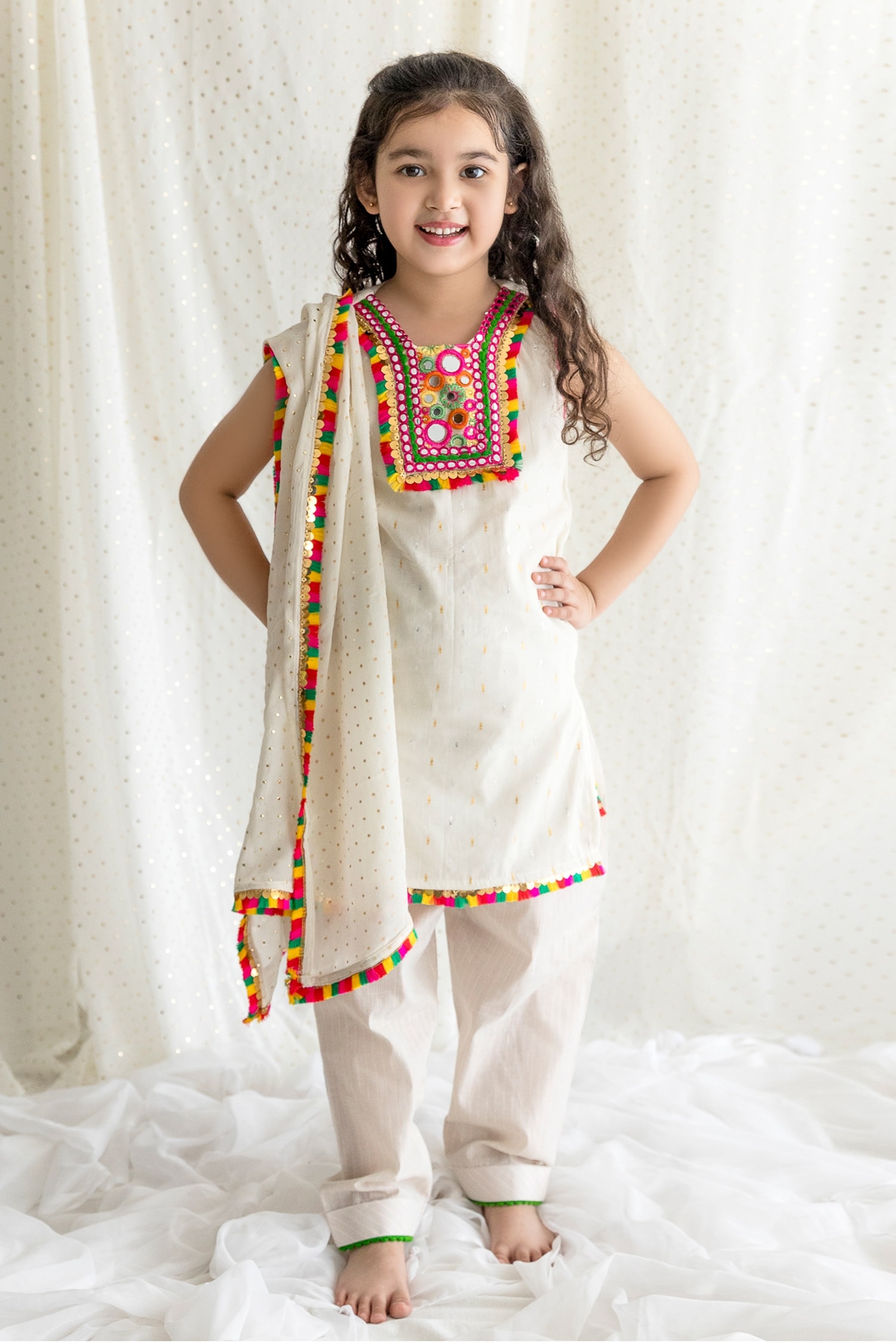 Buy Ivory Cotton Embroidered Mirror Work Kurta Salwar Set For Girls by ...