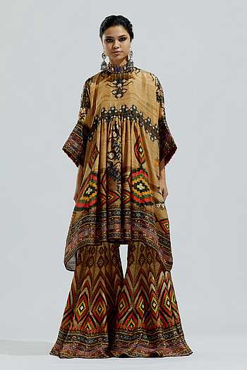 Buy Brown Silk Printed Geometric Sharara For Women by Rajdeep Ranawat ...