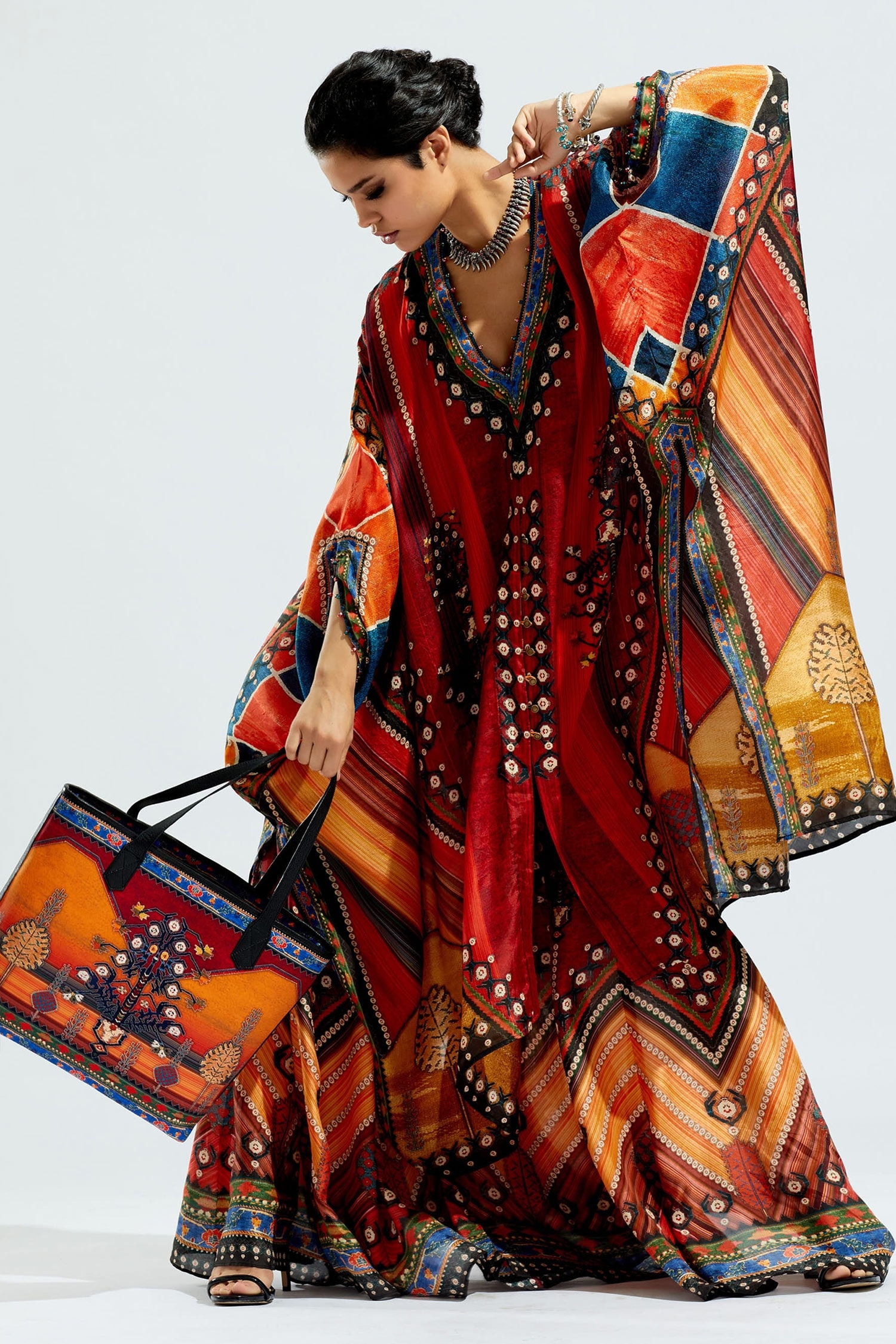 Buy Red Silk Printed Chevron V Neck Gulrez Kaftan And Gharara Set For ...