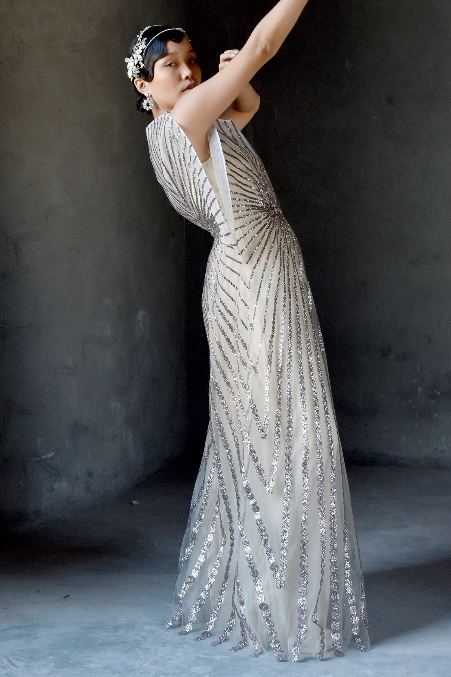 Buy Geisha Designs Beige Nylon Fleura Stripe Embroidered Gown Online ...