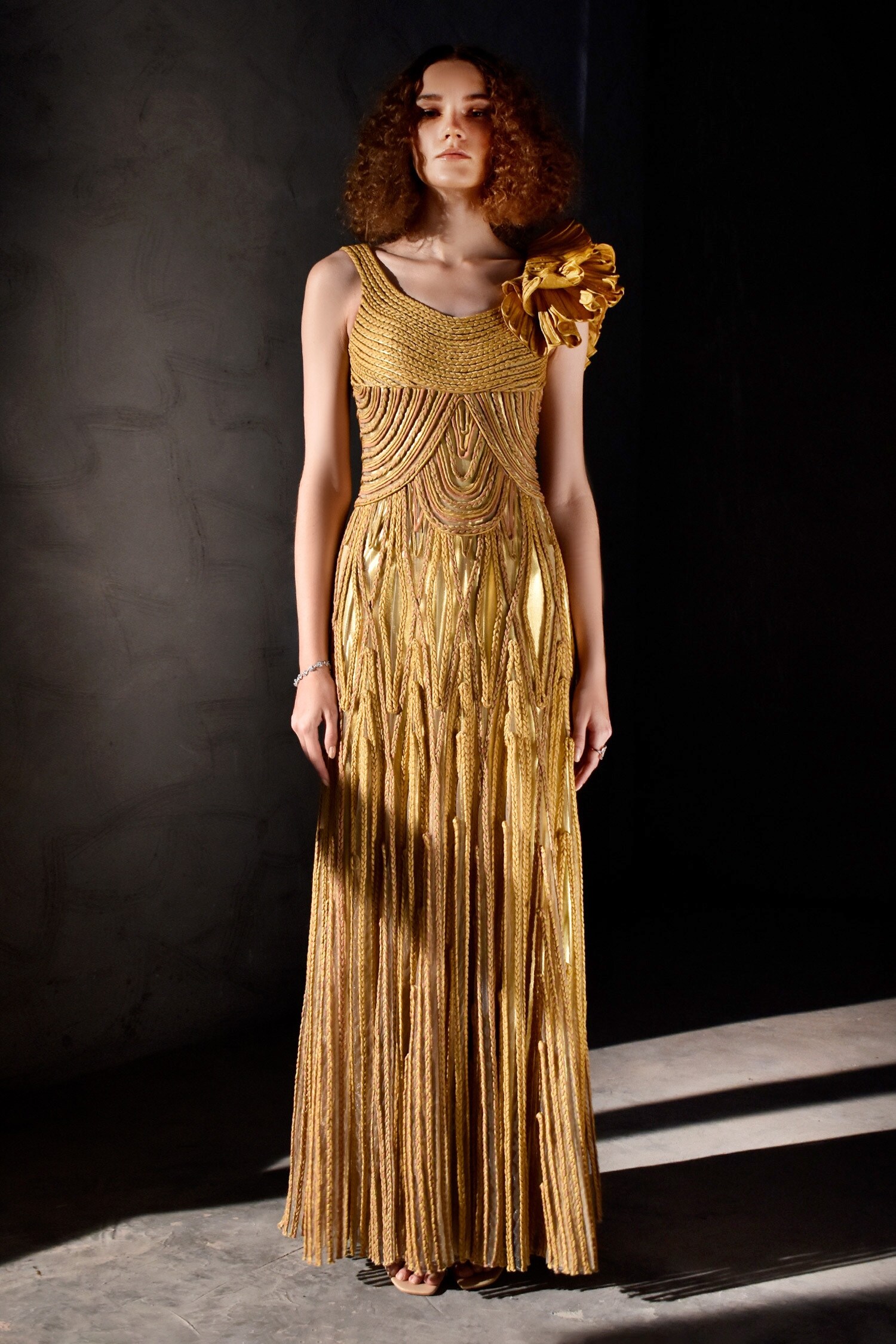 Buy Geisha Designs Gold Nylon Donna Braided Gown Online | Aza Fashions
