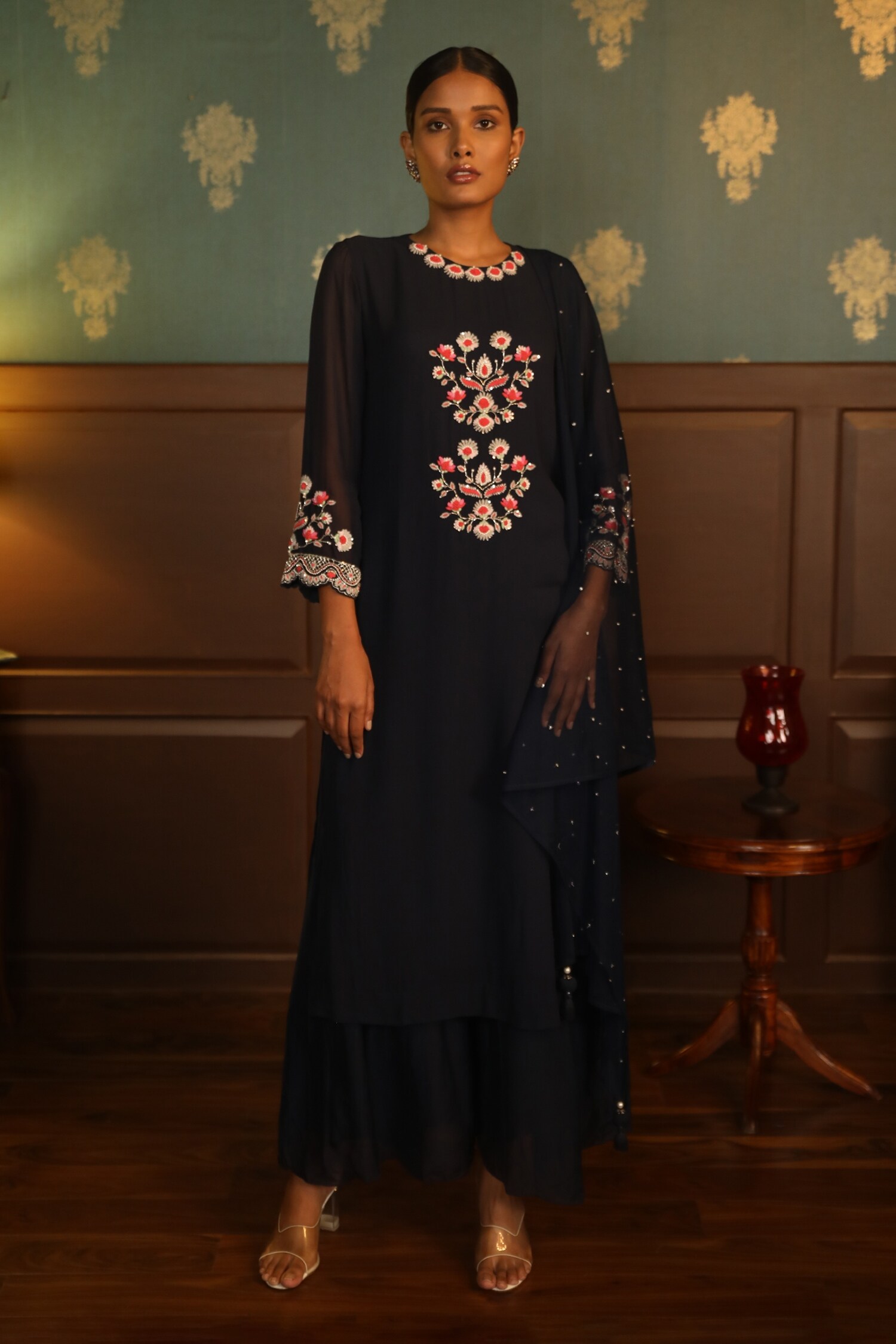 Buy Radha Sharma Blue Georgette Floral Embroidered Kurta Set Online ...