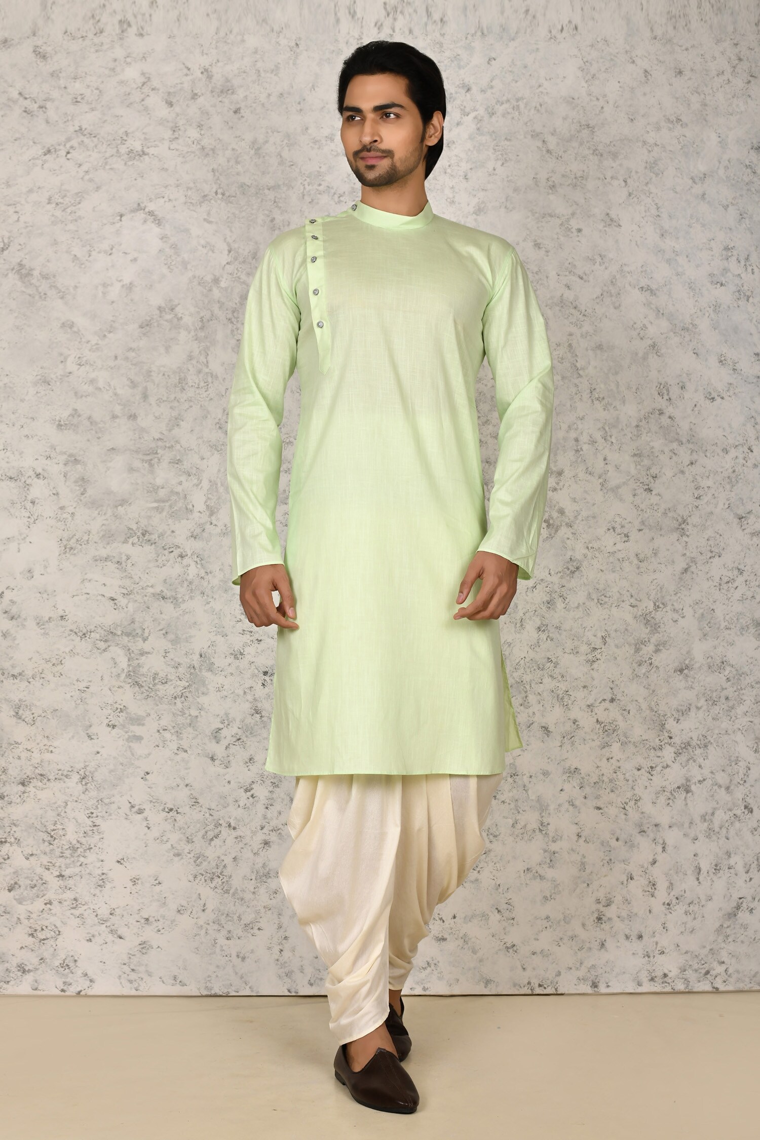 Buy Green Cotton Plain Overlap Short Kurta For Men by Khwaab by Sanjana ...