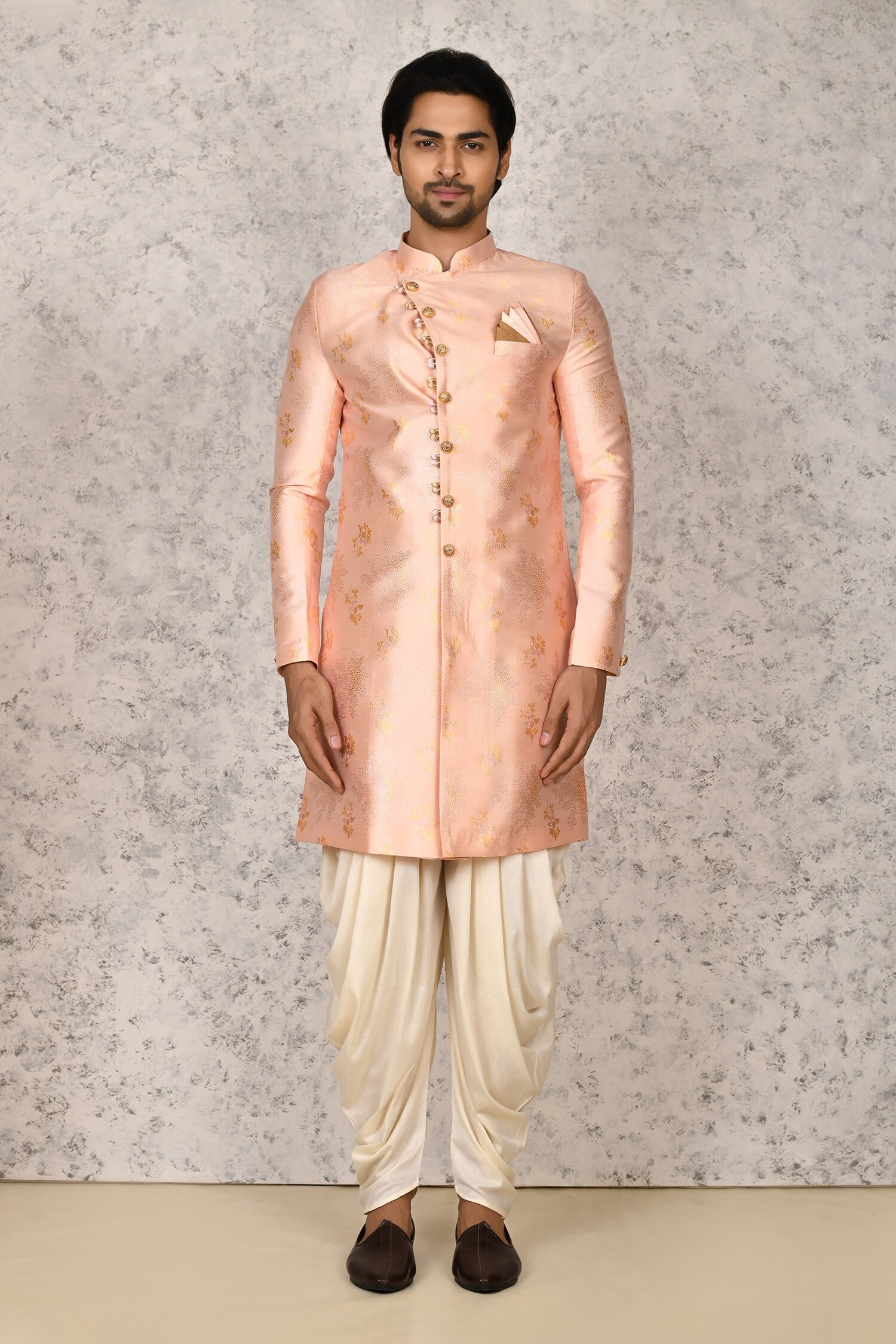 Buy Khwaab by Sanjana Lakhani- Men Peach Banarasi Silk Floral Pattern ...
