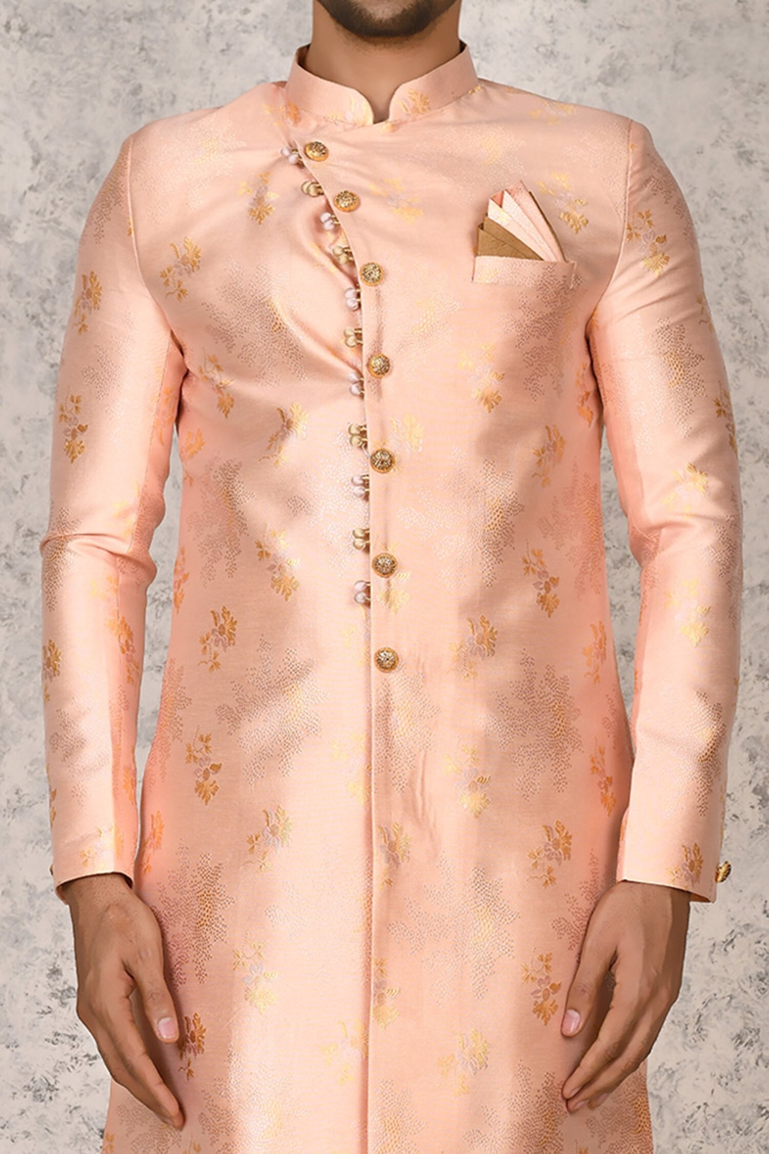 Buy Khwaab by Sanjana Lakhani- Men Peach Banarasi Silk Floral Pattern ...