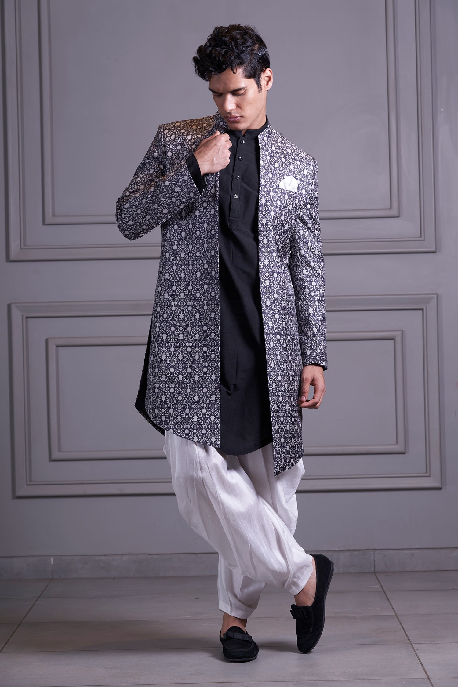 Buy Black Digital Print Achkan Set For Men by Agape Online at Aza Fashions.