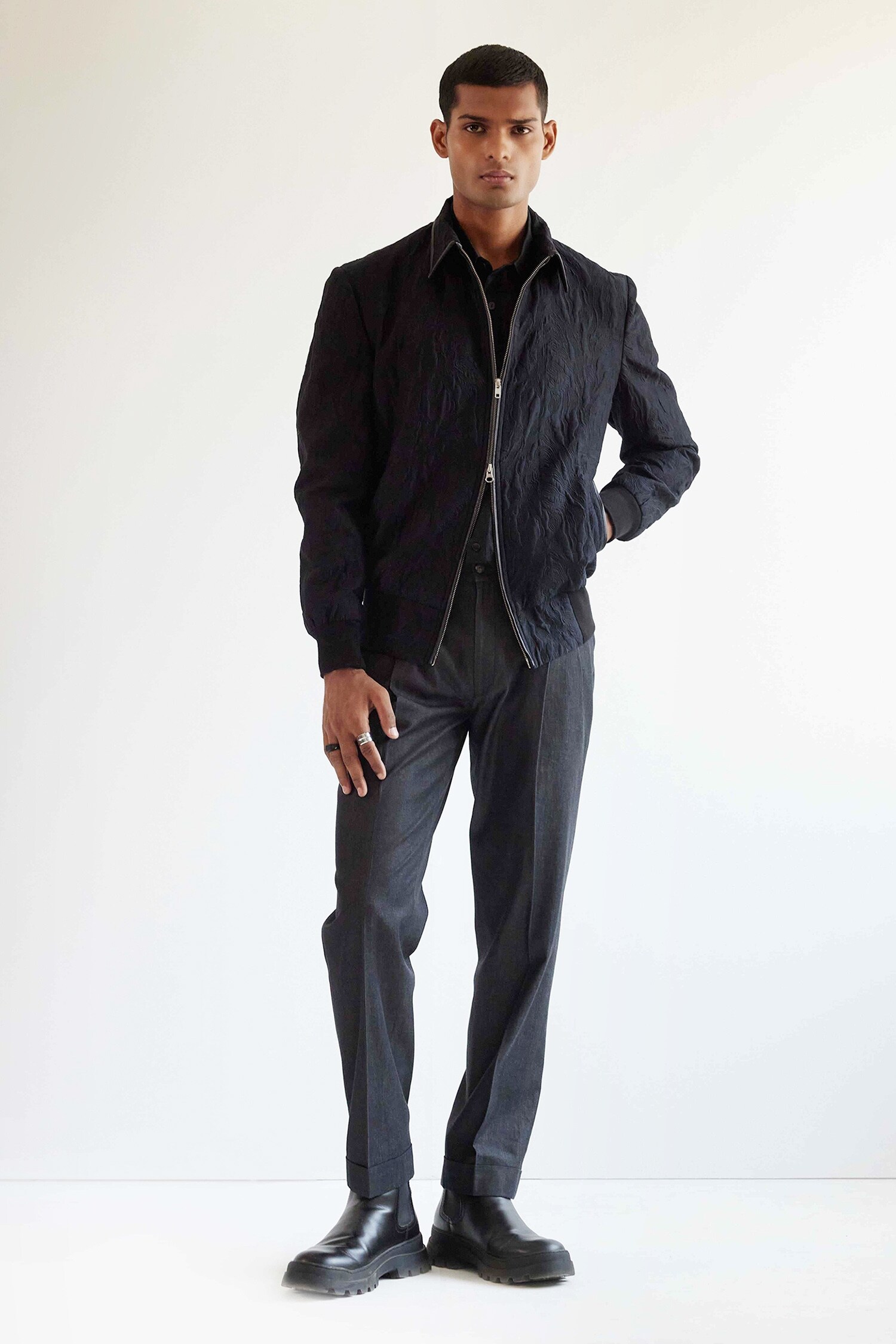 Buy Black Cotton Silk Plain Infinity Quilt Bomber Jacket For Men by ...