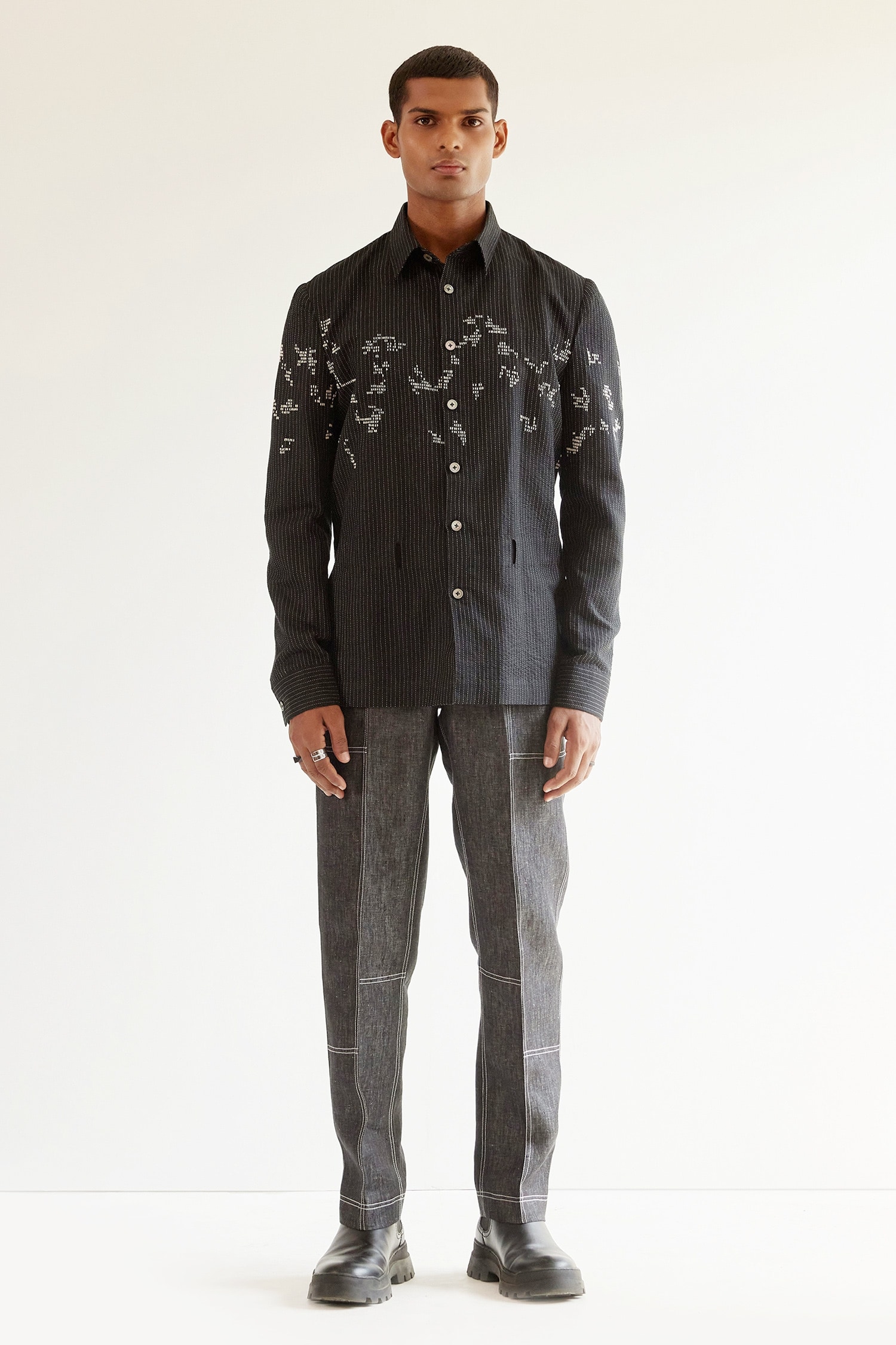 Buy Black Linen Embroidery Abstract Scatter Quilt Shirt For Men by ...