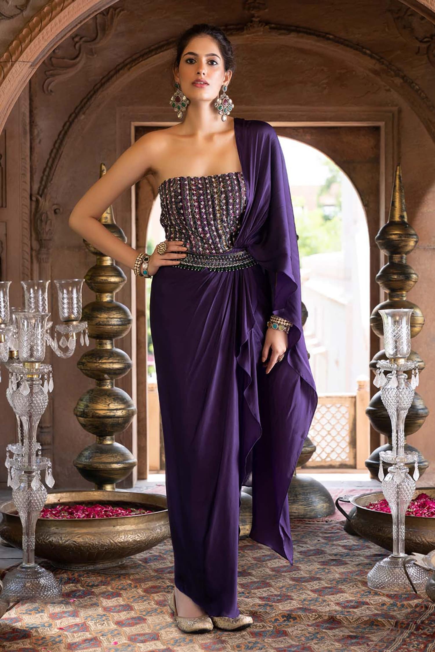 Buy Purple Crepe Print And Embroidery Strapless Saree Gown With Belt ...
