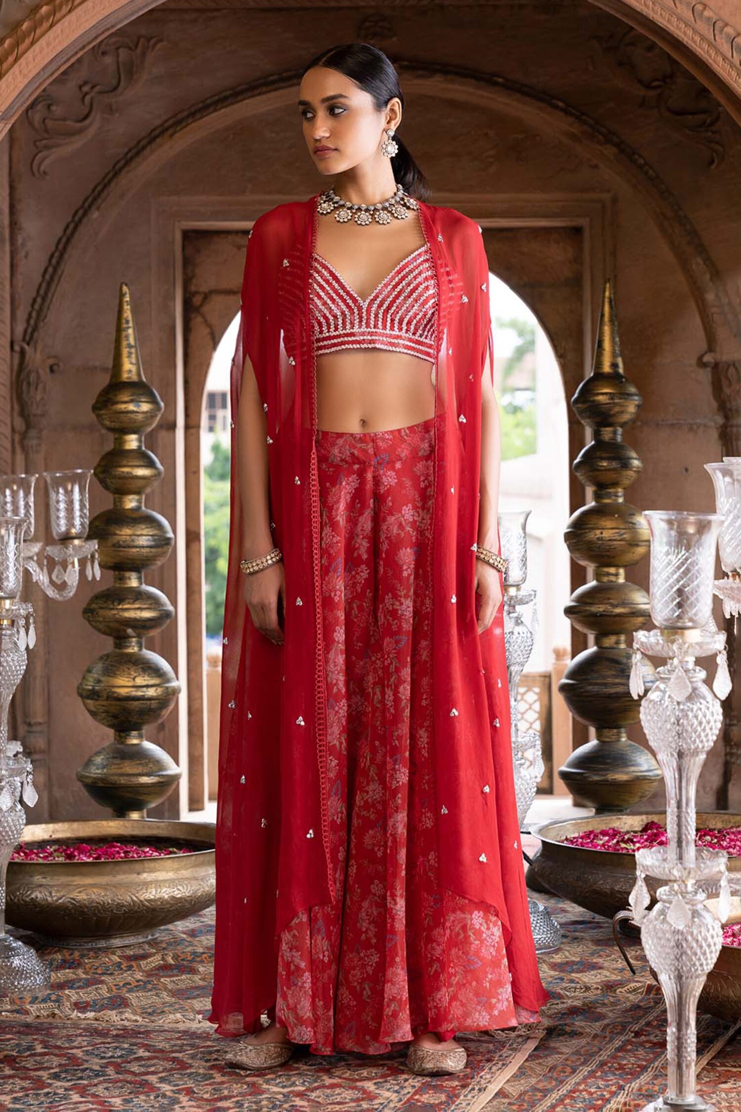 Buy Maroon Organza And Georgette; Lining: Shantoon Cape & Palazzo Set ...