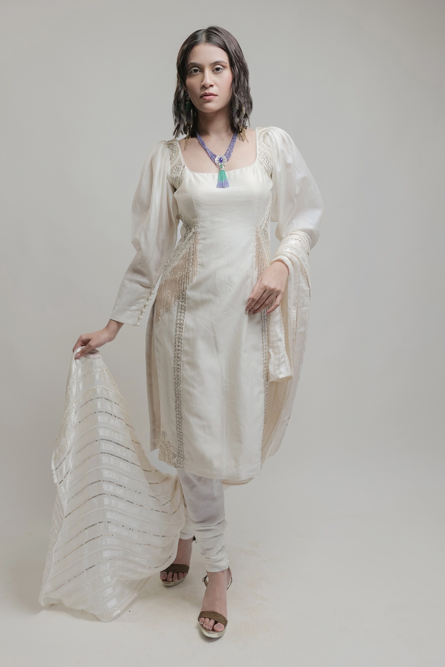 Buy Beige Chanderi Embroidery Zardozi Square Neck Bead Kurta Set For ...