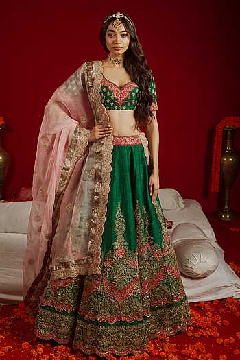 Buy Green Rawsilk Embroidered Floral Leaf Neck Lehenga Set For Women by ...