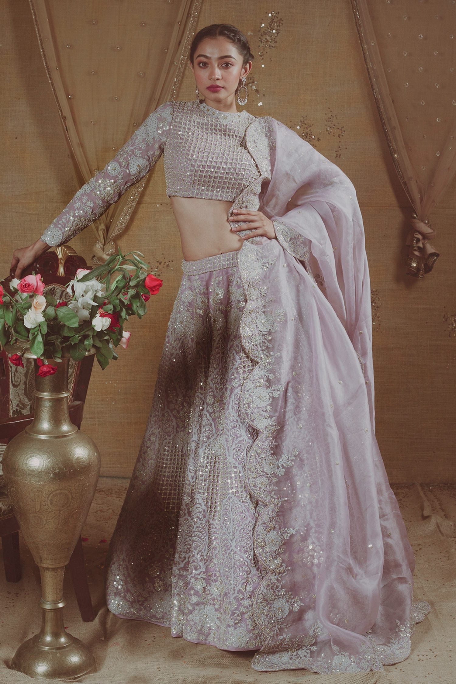 Buy Purple Raw Silk Embroidered Rajawadi Scoop Neck Bridal Lehenga Set ...