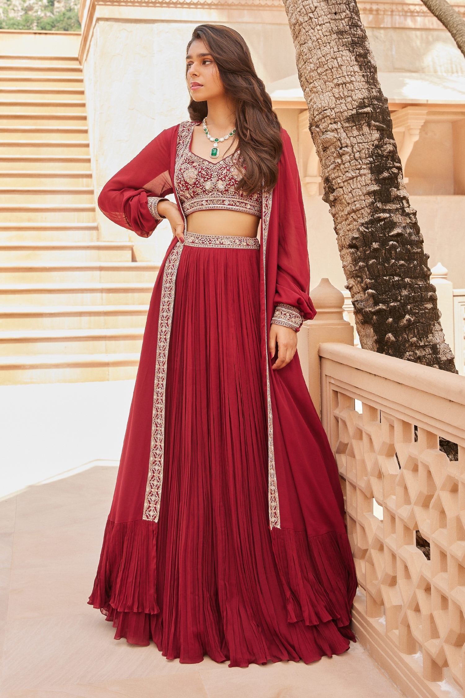 Buy Red Georgette Hand Embroidered Floral Aamirah Jacket Lehenga Set ...