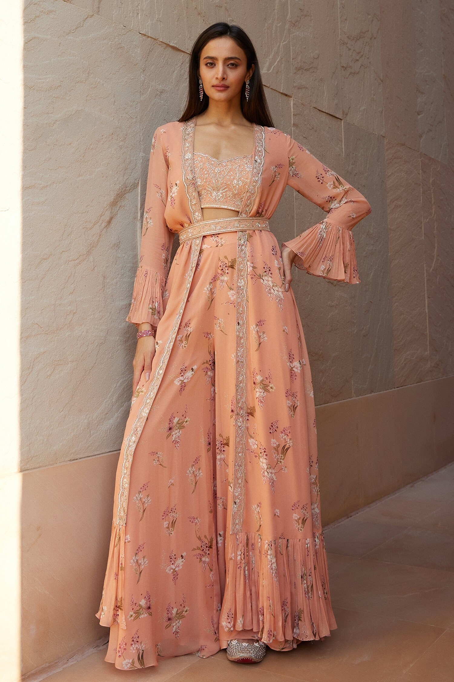 Buy Peach Georgette Printed Magnolia Jacket Open Farzin And Sharara Set ...