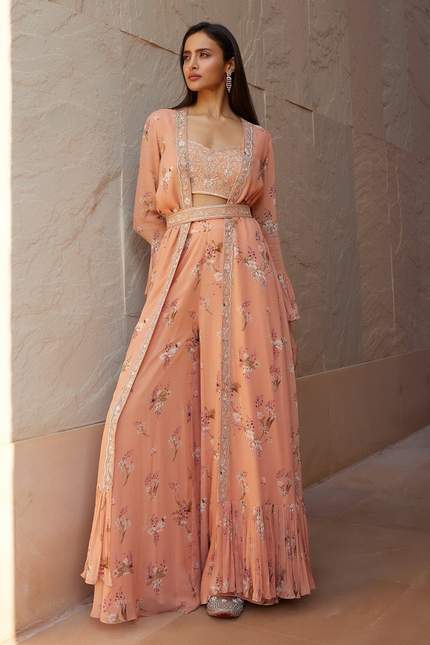 Buy Sana Barreja Peach Georgette Farzin Printed Jacket And Sharara Set ...