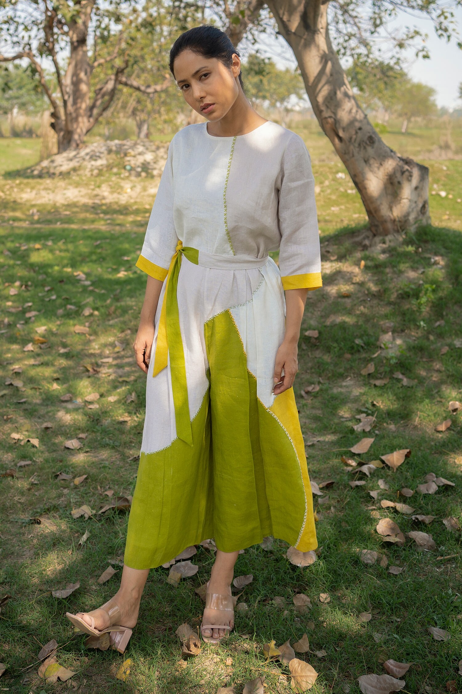 Buy Arcvsh by Pallavi Singh Yellow Linen Colorblock Jumpsuit Online | Aza Fashions