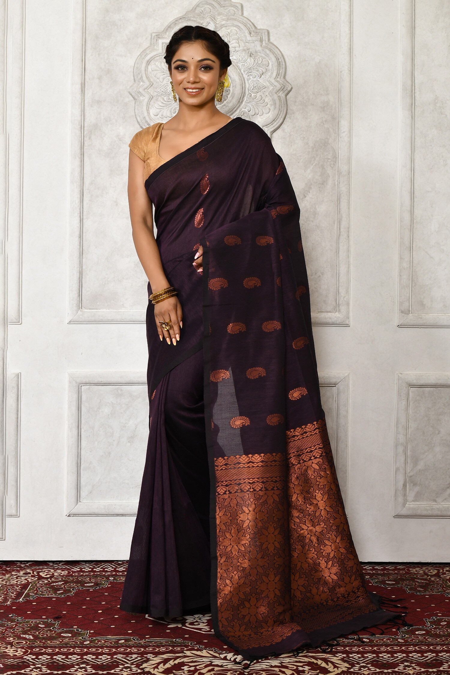 Buy Aryavir Malhotra Brown Organic Linen Lotus Motif Saree Online | Aza ...