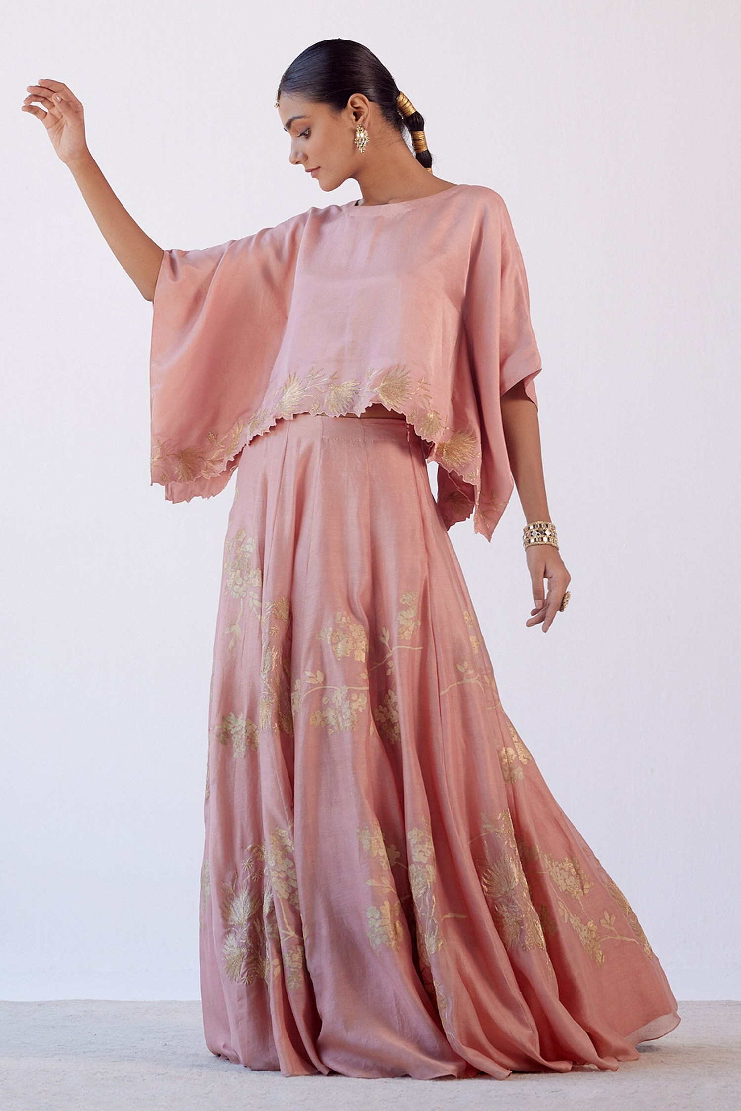 Buy Pink Cotton Silk And Chanderi Embroidered Floral Round Cape & Skirt ...