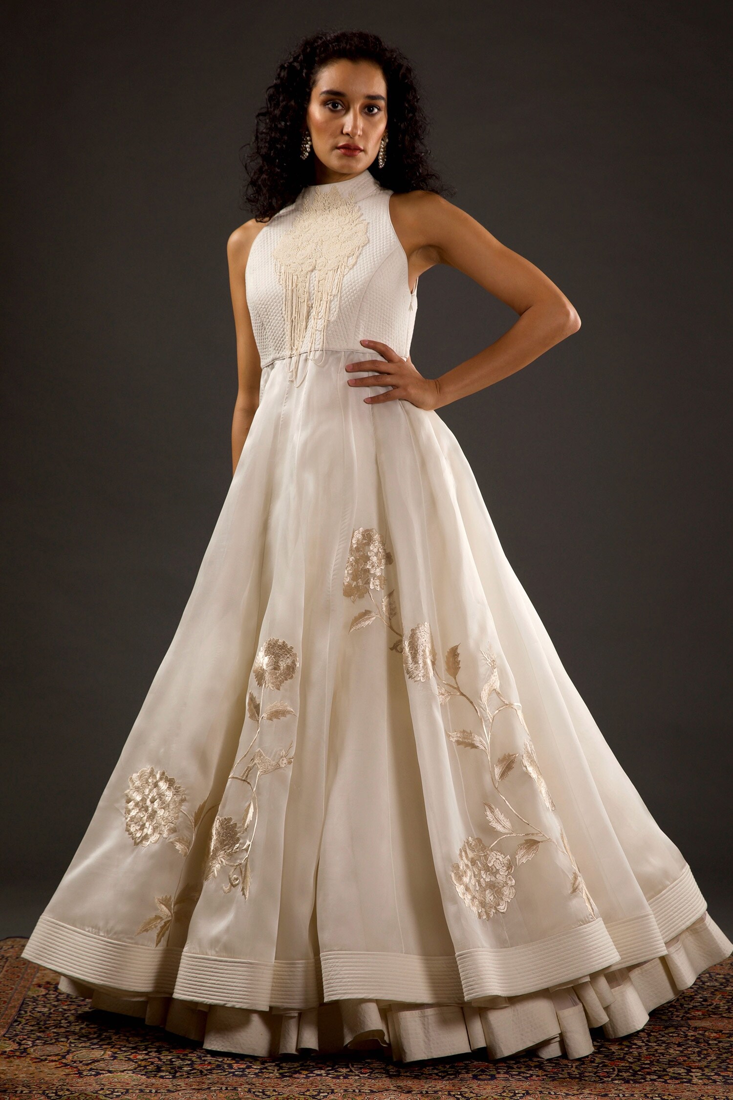 Buy Ivory Chanderi Silk Embroidered Floral High Neck Anarkali Set For ...