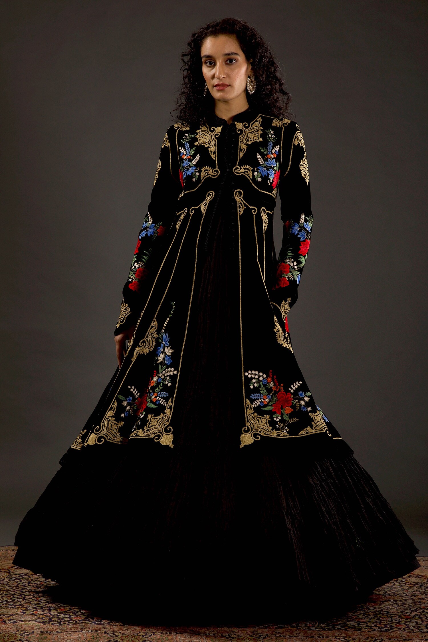 Buy Black Silk Velvet Embroidered Floral Mandarin Collar Jacket For ...