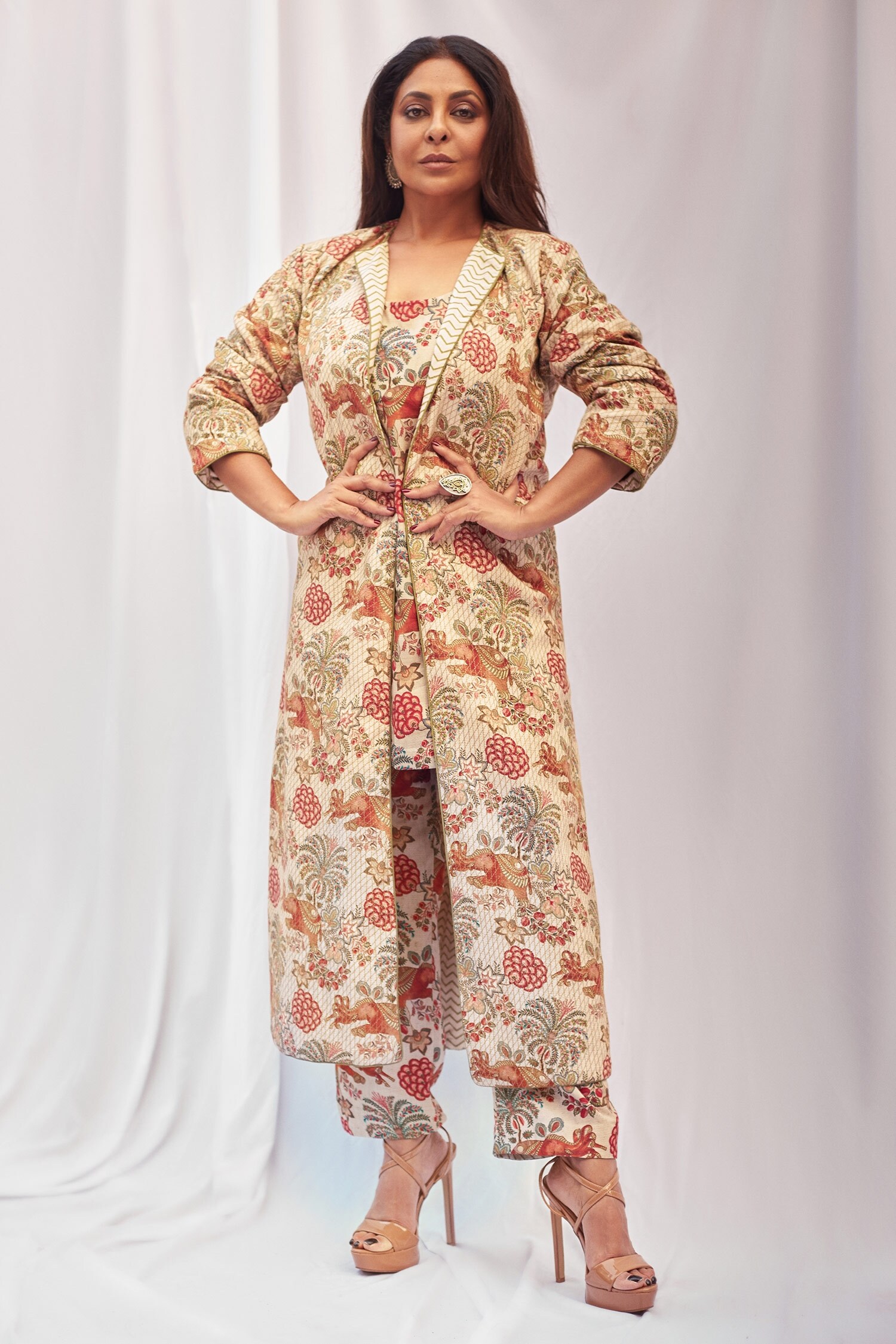 Buy Beige Cotton Silk Printed Floral Motifs Lapel Airawata Long Jacket ...