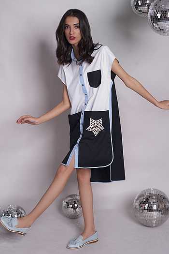Buy White Poplin Plain Shirt Collar Celine Colorblock Dress For Women ...