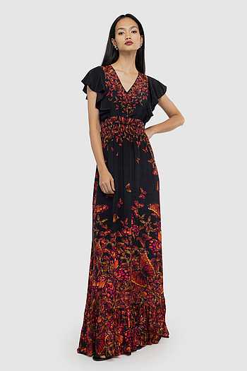 Buy Gaya Black Viscose Crepe Samara Flutter Sleeve Gown Online | Aza ...