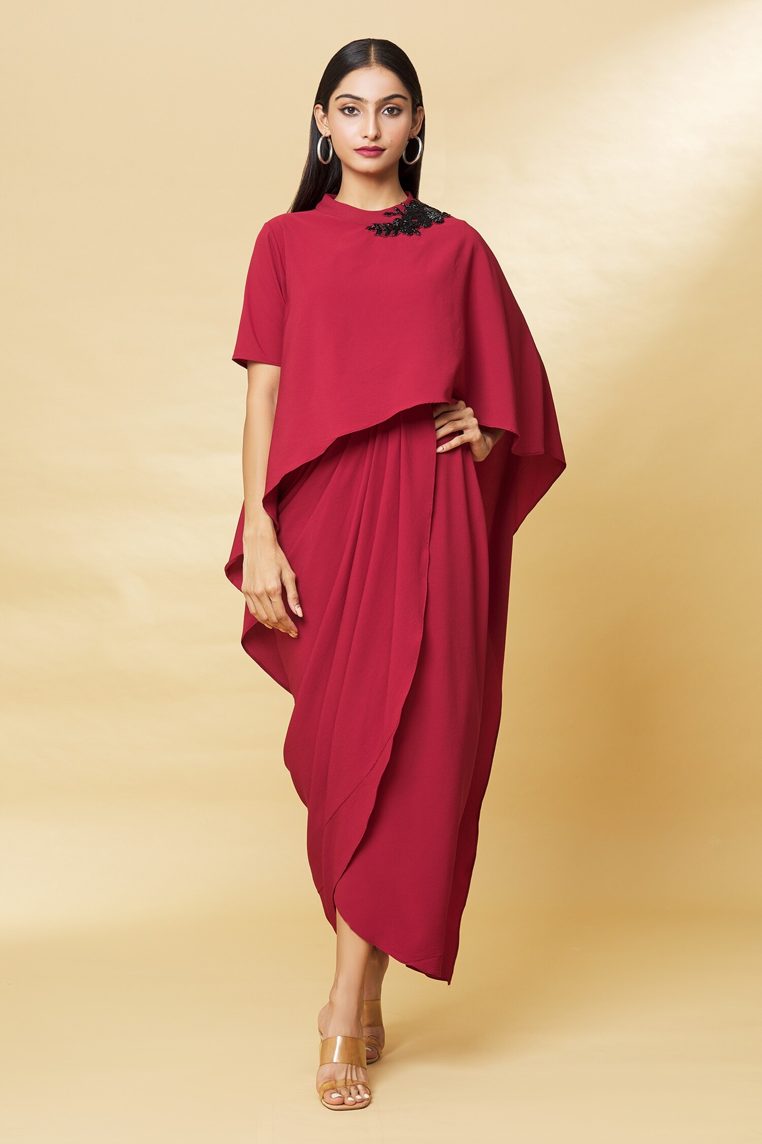 Buy Red Moss Crepe Embellishment Cutdana High Neck Midnight Cape Gown ...