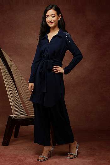 Buy Blue Spun Matty Embroidery Sequin And Cutdana Spread Tunic & Pant ...