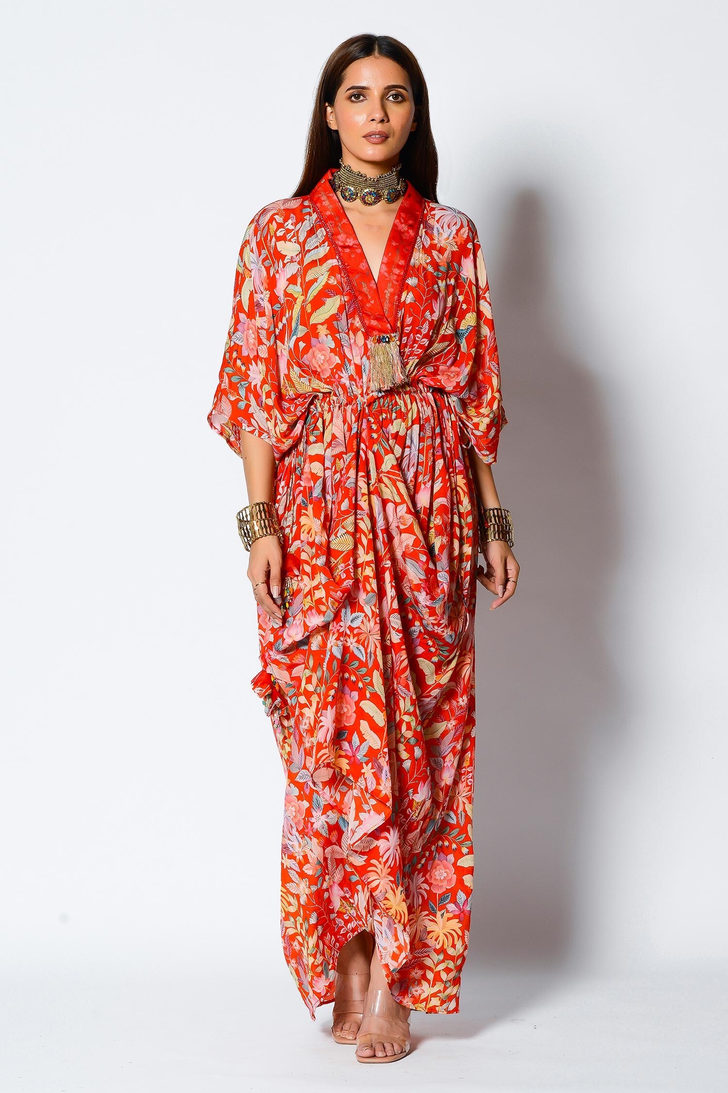 Buy Red Crepe And Embroidery Floral & Sequin V Neck Kaftan For Women by ...