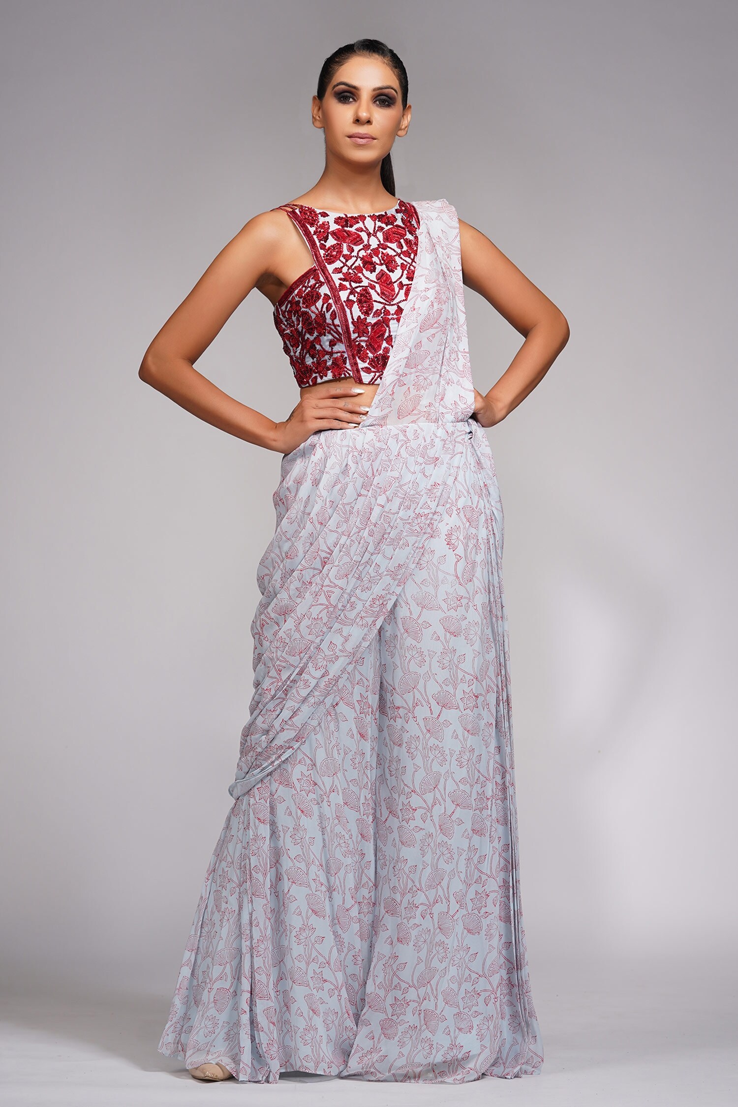 Buy Grey Saree Georgette Printed Floral Bell Bottom Pant With Blouse ...