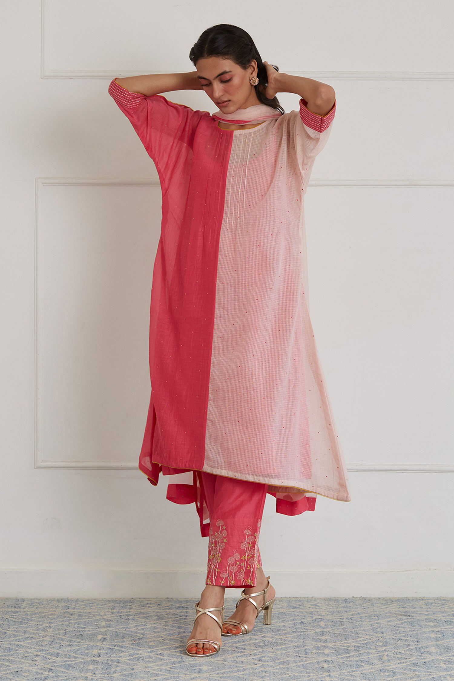 Buy Fuchsia Kaftan Chanderi Silk And Kota Cotton Colorblock Pant Set ...