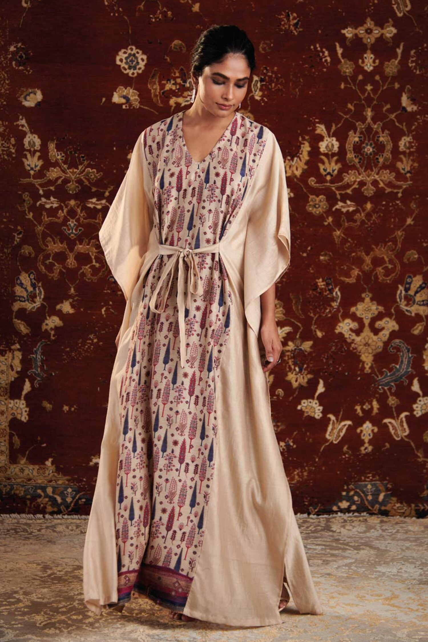 Buy Beige Printed Art V Neck Yildiz Kaftan For Women by Dressfolk ...