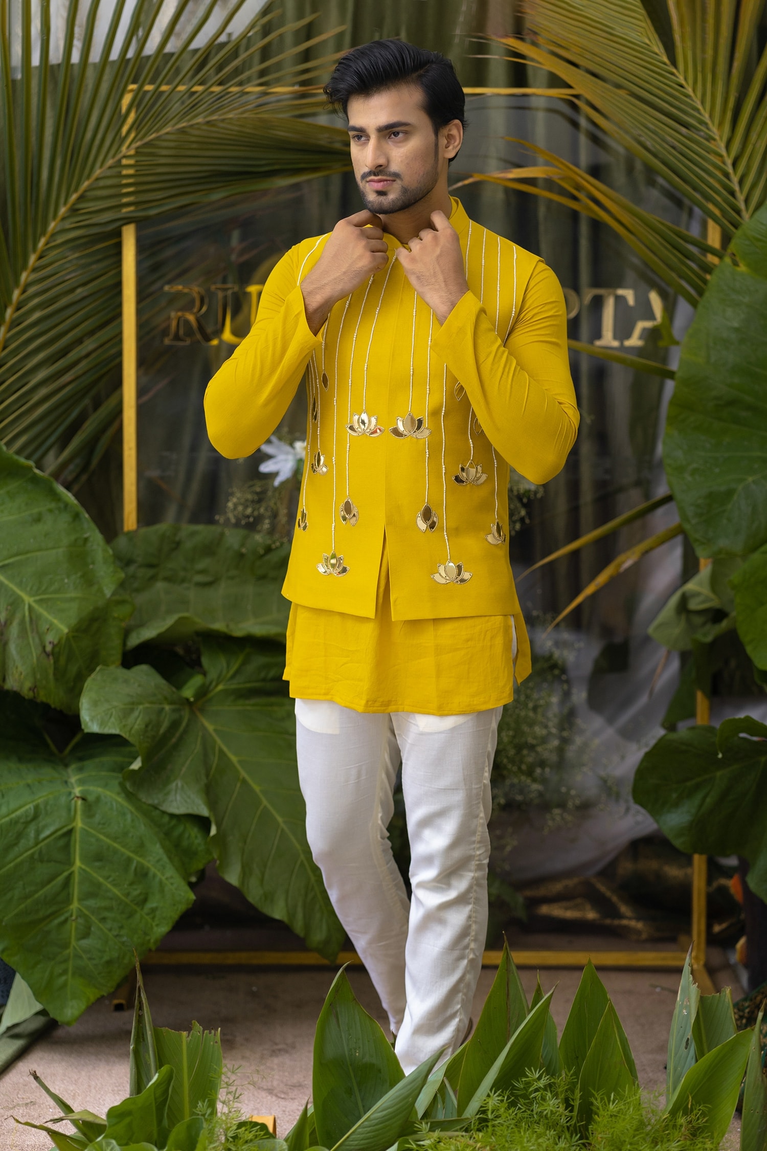 Buy Yellow Chanderi Silk Embroidery Lotus Bundi For Men by Runit Gupta ...