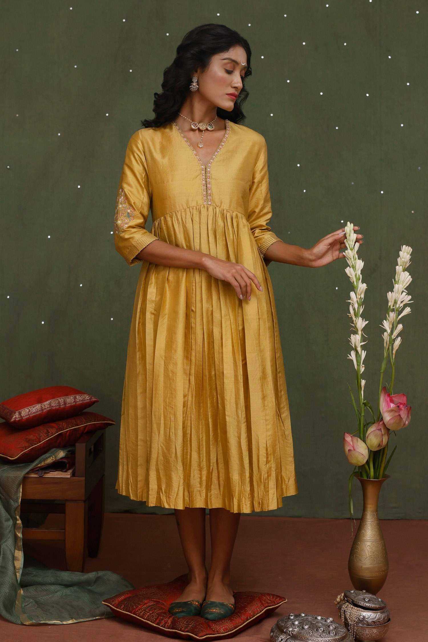 Buy Yellow Silk Embroidery Floral V Neck Vidhu Gathered Dress For Women ...