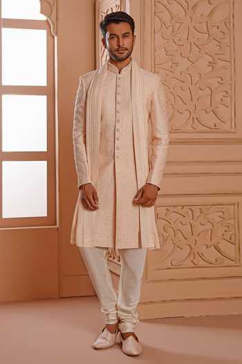 Buy Peach Sherwani Raw Silk Embroidered Floral Set For Men by Vanshik ...