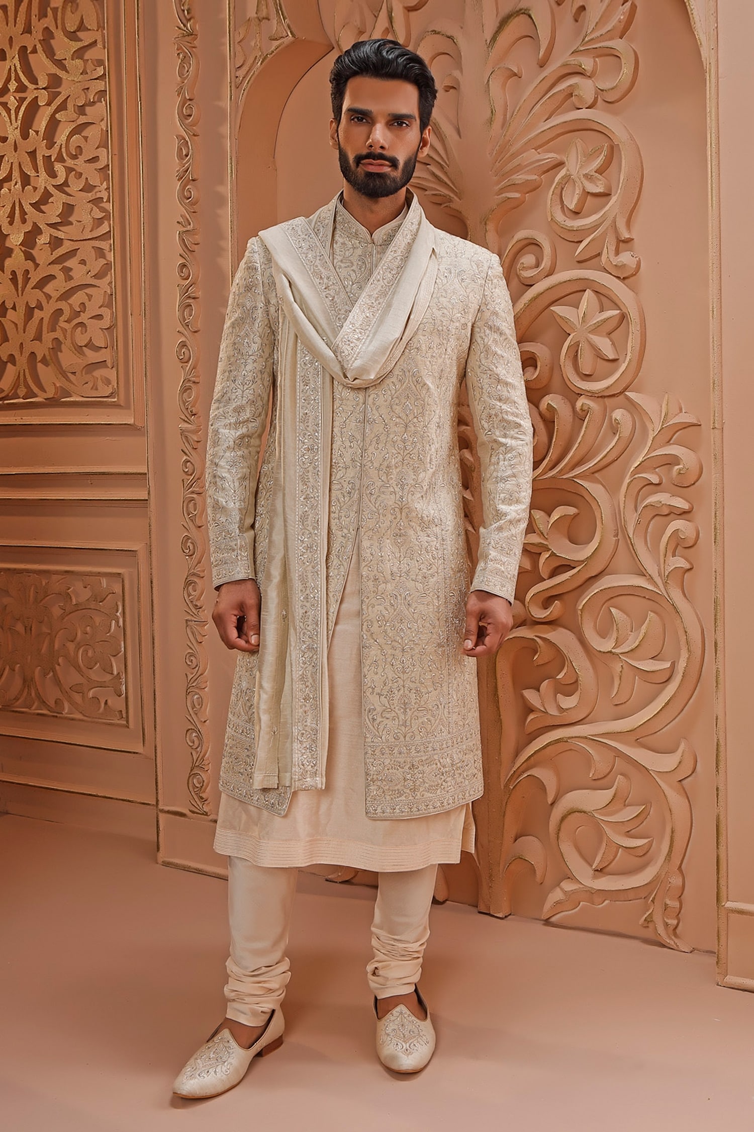 Buy Blue Sherwani: Raw Silk Embroidered Aari Floral Set For Men by ...