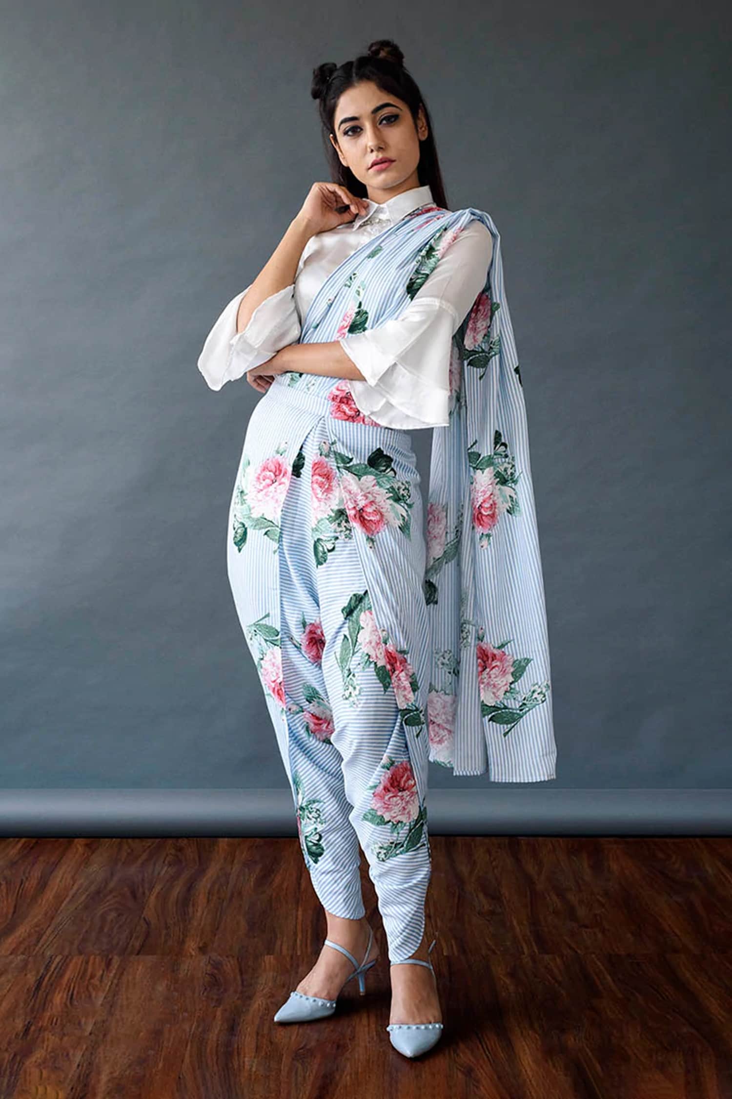 Buy Blue Polycrepe Stripe Floral Pattern Dhoti Saree For Women by Pasha ...