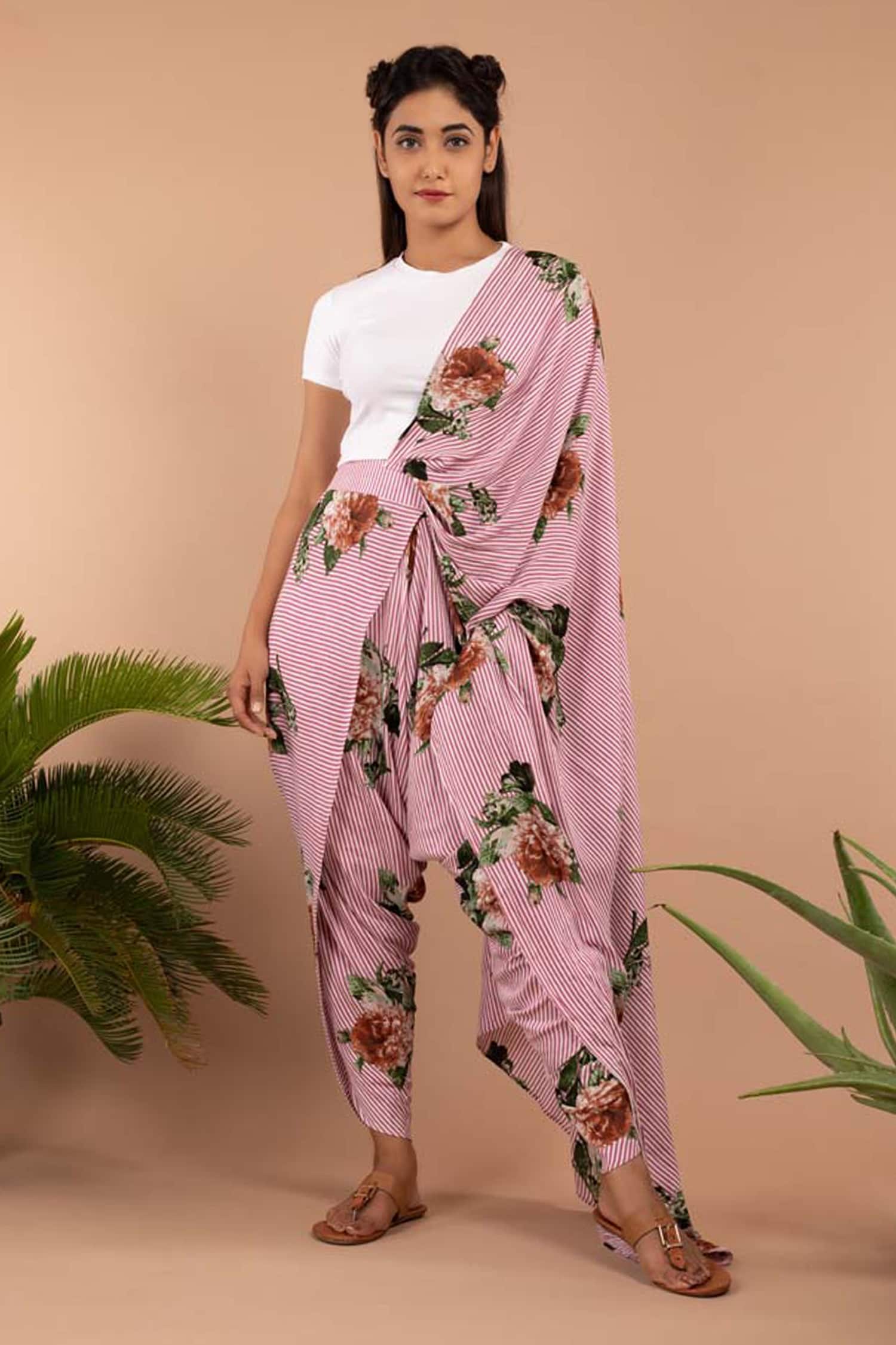 Buy Pink Polycrepe Stripe Floral Pattern Dhoti Saree For Women by Pasha ...