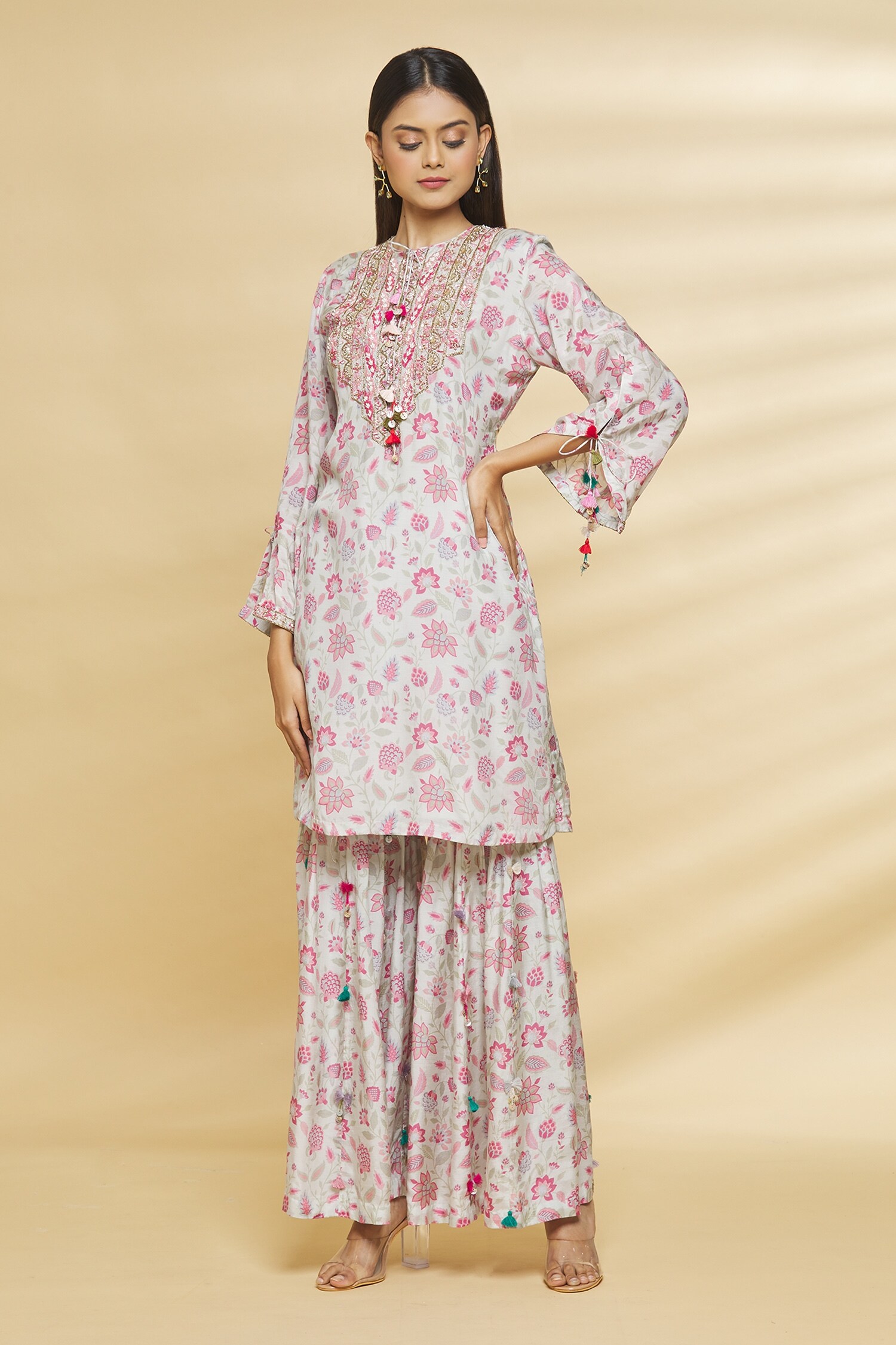 Buy Grey Chanderi Viscose Print And Embroidery Floral Kurta & Sharara ...