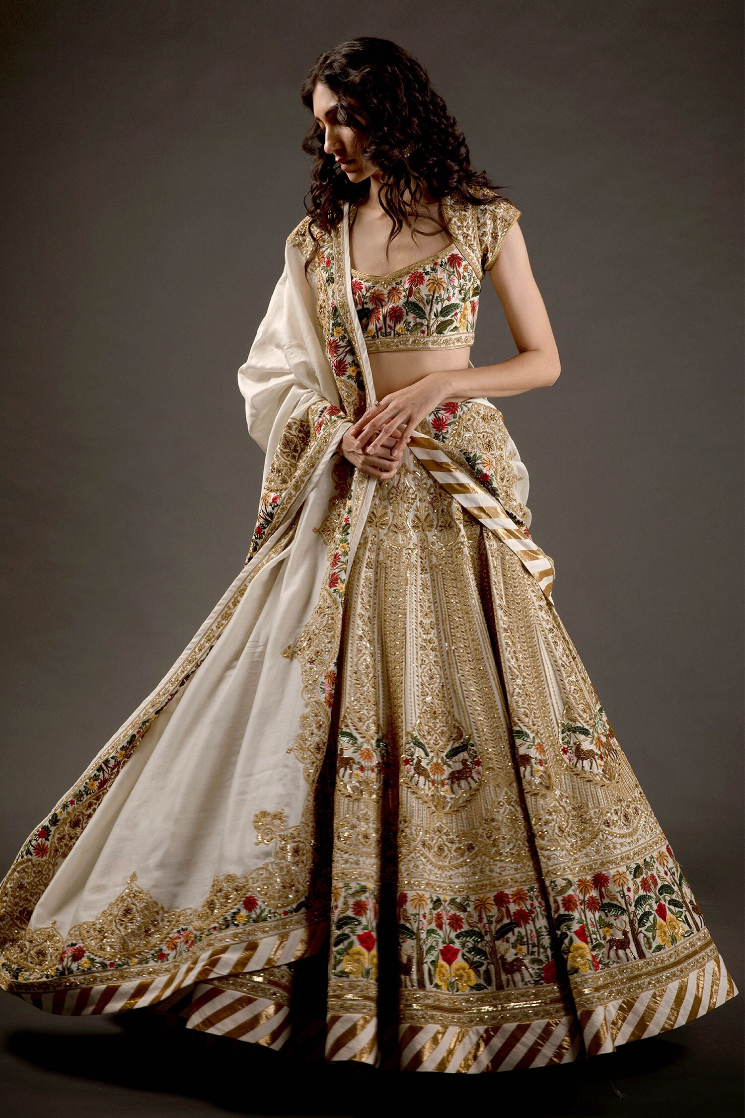Buy Ivory Chanderi Silk; Lining: Cotton Embroidered Resham Lehenga Set ...