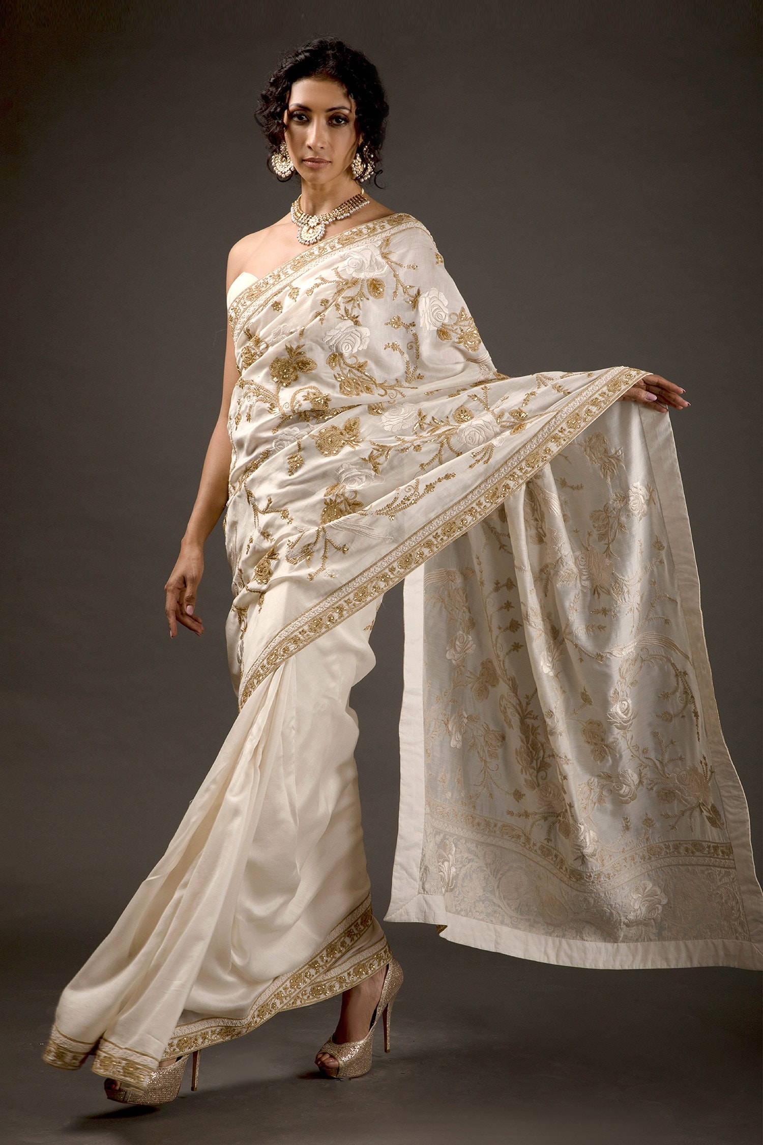 Buy Rohit Bal Ivory Chanderi Silk Embroidered Saree Online | Aza Fashions