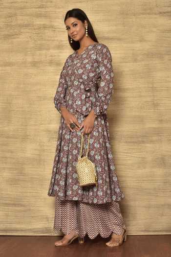 Buy Samyukta Singhania Brown Cotton Silk Floral Print Angarkha And ...