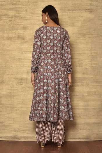 Buy Samyukta Singhania Brown Cotton Silk Floral Print Angarkha And ...