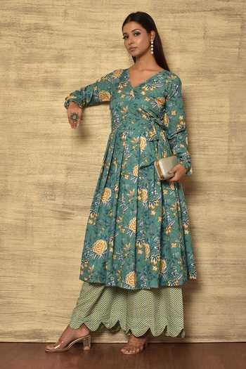 Buy Green Cotton Silk Printed Floral Surplice Angarkha And Palazzo Set ...