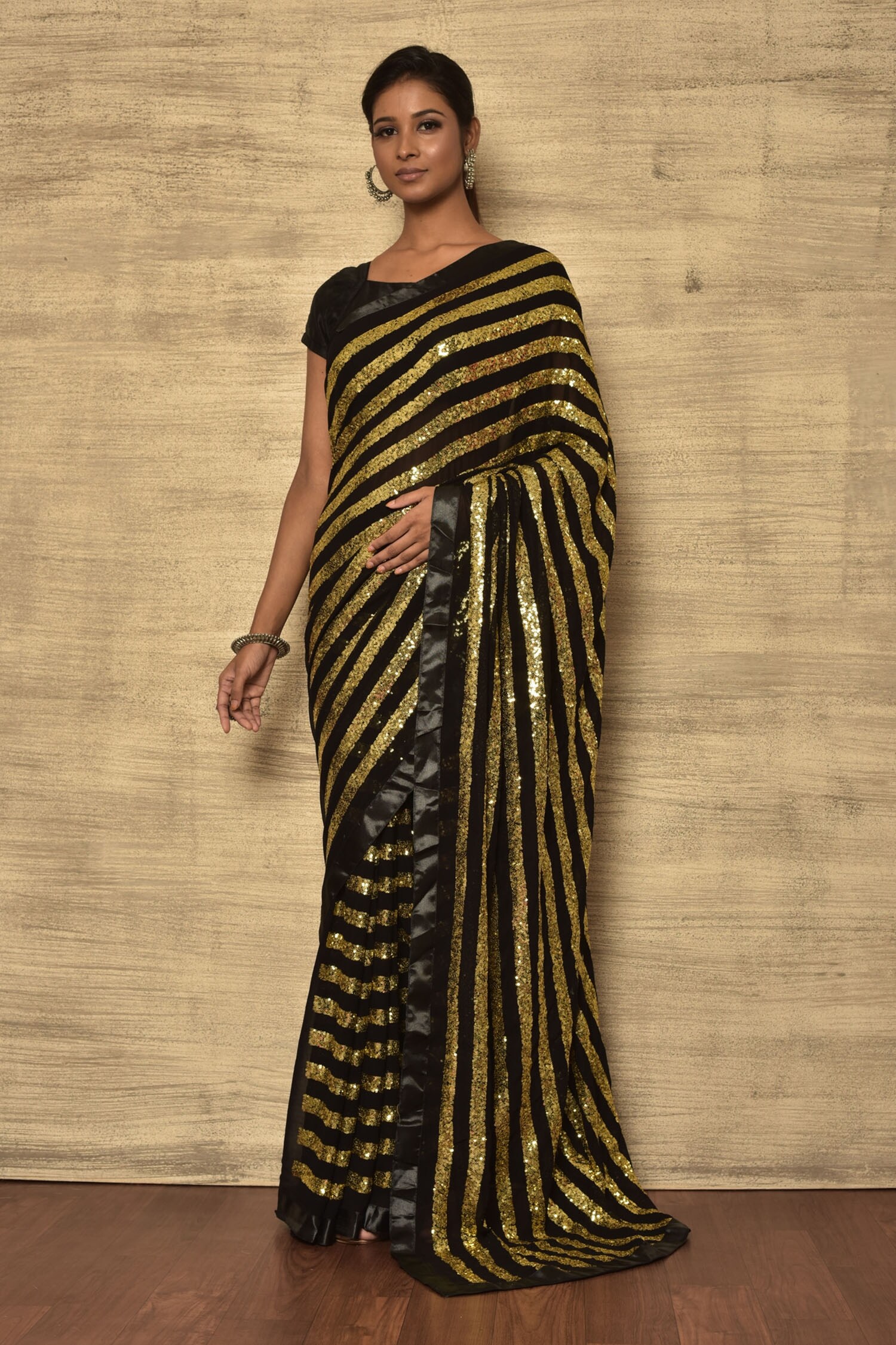 Buy Samyukta Singhania Black Sequin Striped Saree Online | Aza Fashions