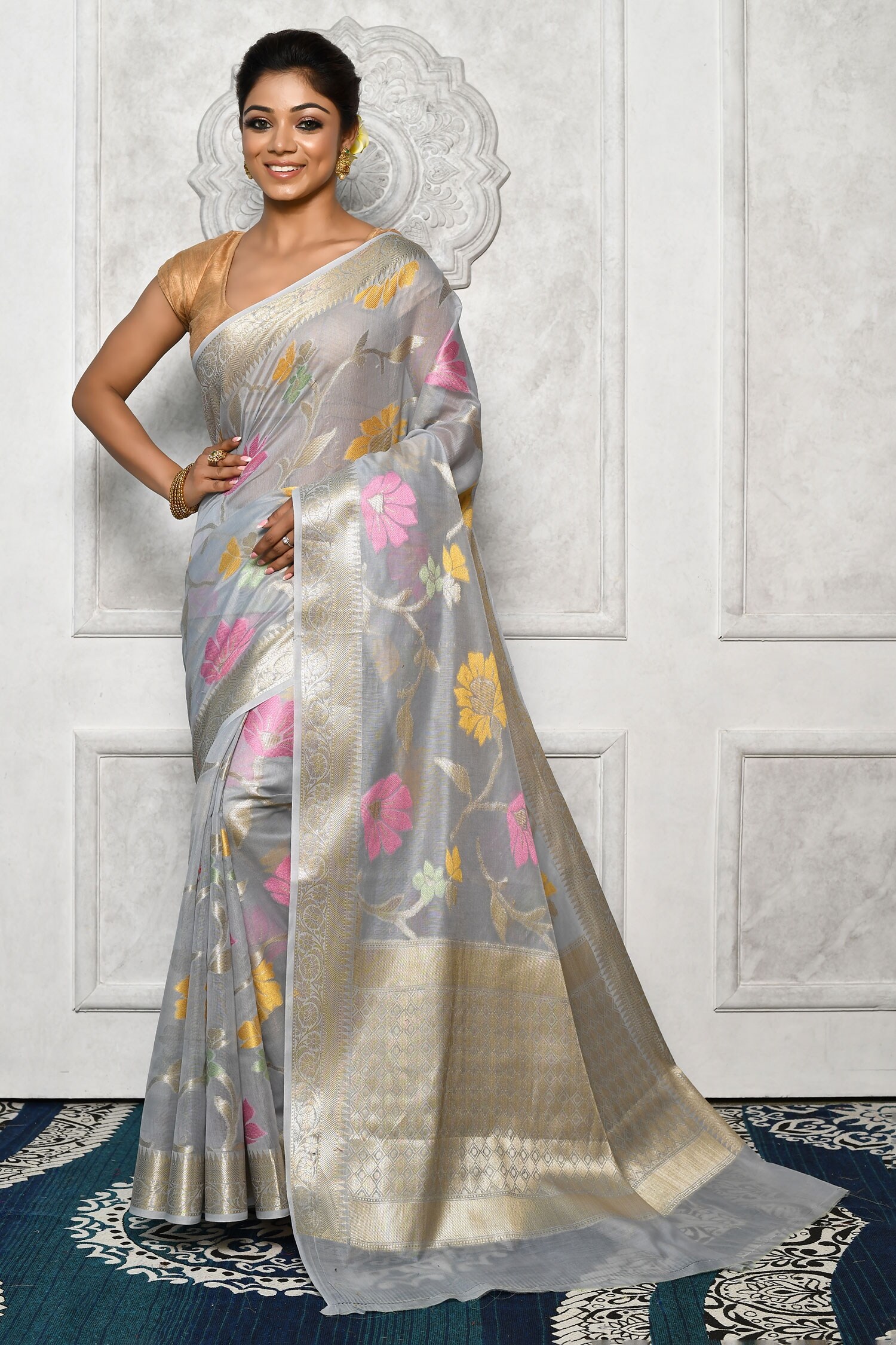 Buy Grey Banarasi Cotton Silk Woven Floral Zari Saree For Women by ...