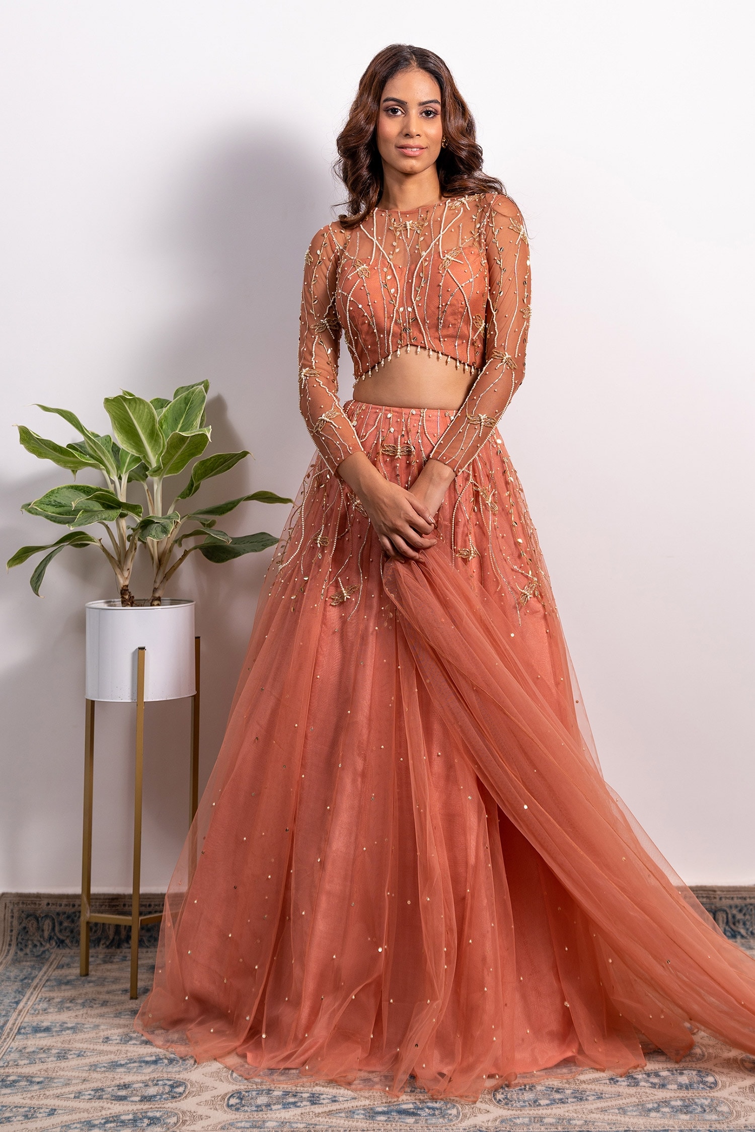 Buy Pink Net And Shantoon Embroidery Pearl Round Lehenga Set For Women ...