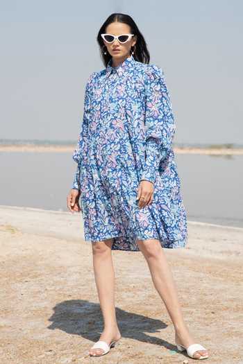 Buy Marche Blue Cotton Floral Print Puff Sleeve Dress Online | Aza Fashions